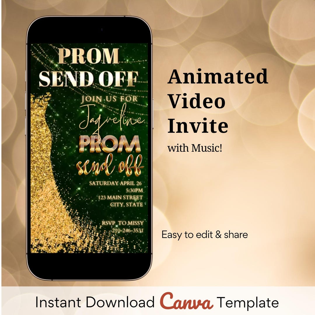 Prom Send off Invite Editable Video Template Green Gold Animated Evite ...