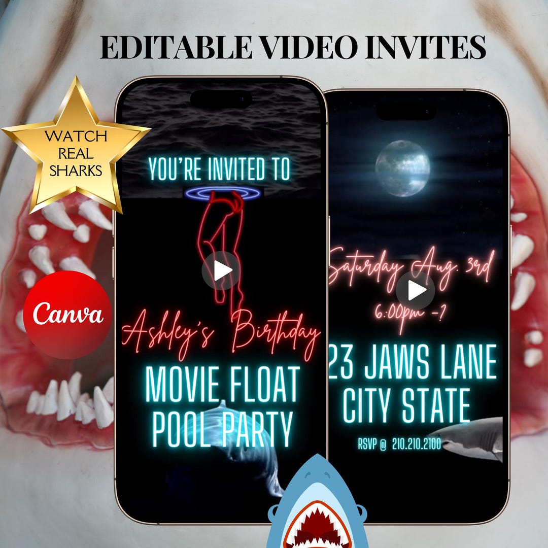 Jaws Birthday Video Invite Editable Template Animated Jaws Evite Canva ...