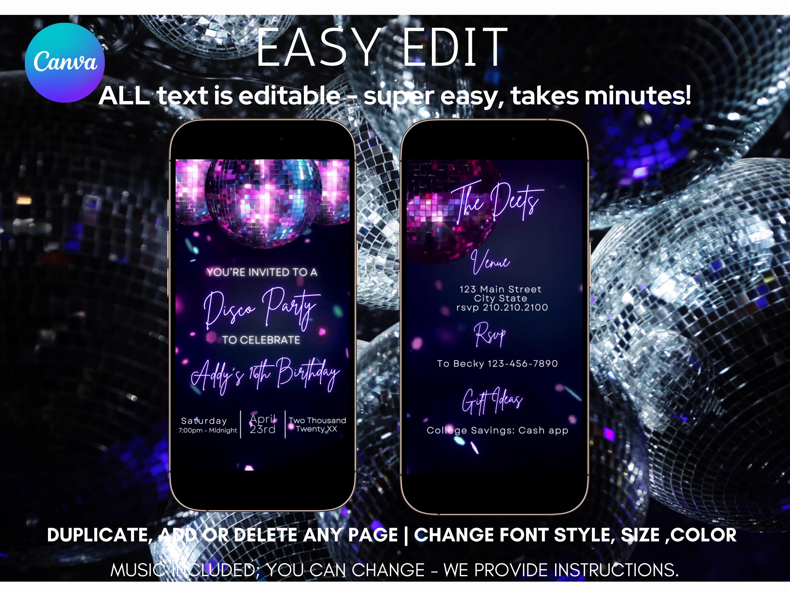 Editable Disco Invite Template Canva Animated Disco Ball Video ...
