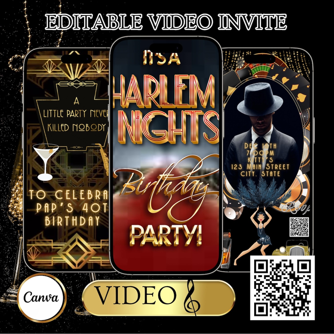 Harlem Nights Birthday Video Invitation | 1920s Gatsby Editable Canva ...