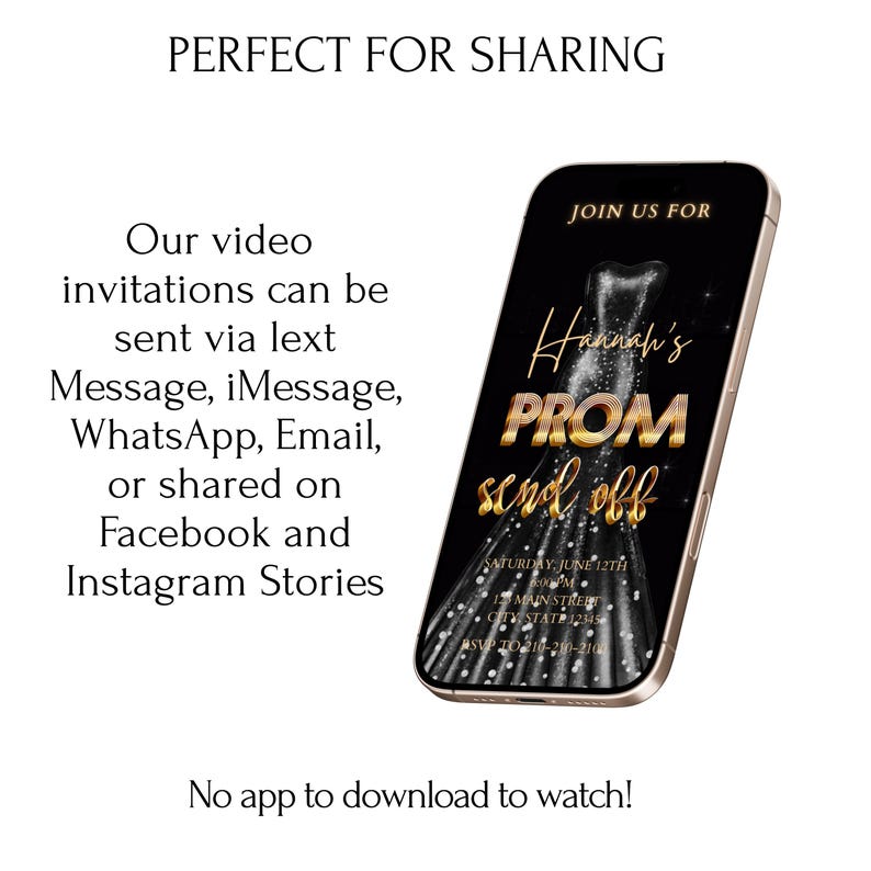Prom Send-off Video Invitation Digital Black and Gold Prom Dress Reveal ...