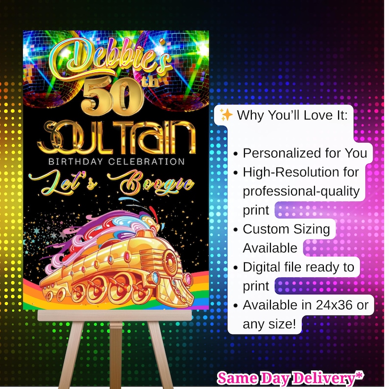 Soul Train Disco Welcome Sign, Boogie Nights Printable Party Sign ...