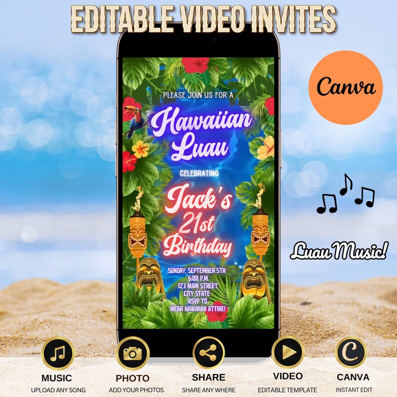 Luau Pool Invite Editable Template Tropical Tiki Party Bash Summer Pool ...