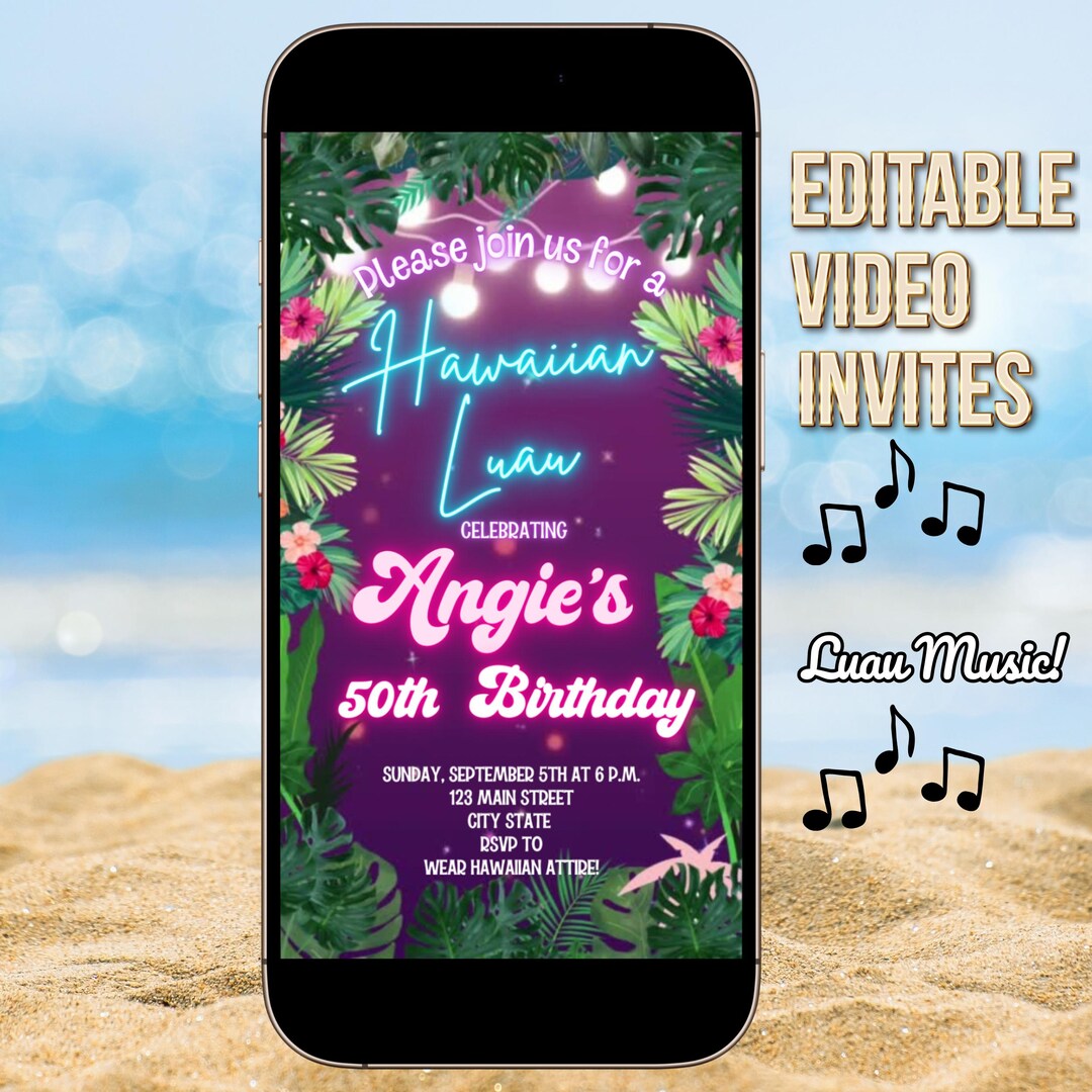 Neon Luau Video Invitation: Editable Tropical Birthday Evite (canva ...