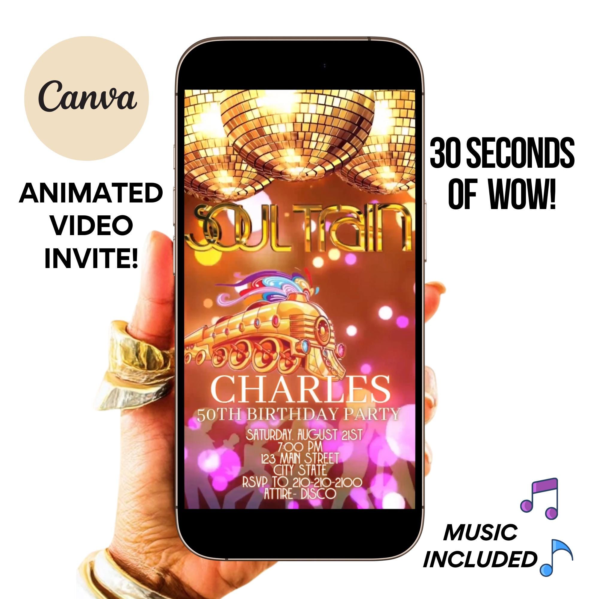 Soul Train Vídeo Invitation Editable Animated Disco Ball Evite Canva ...