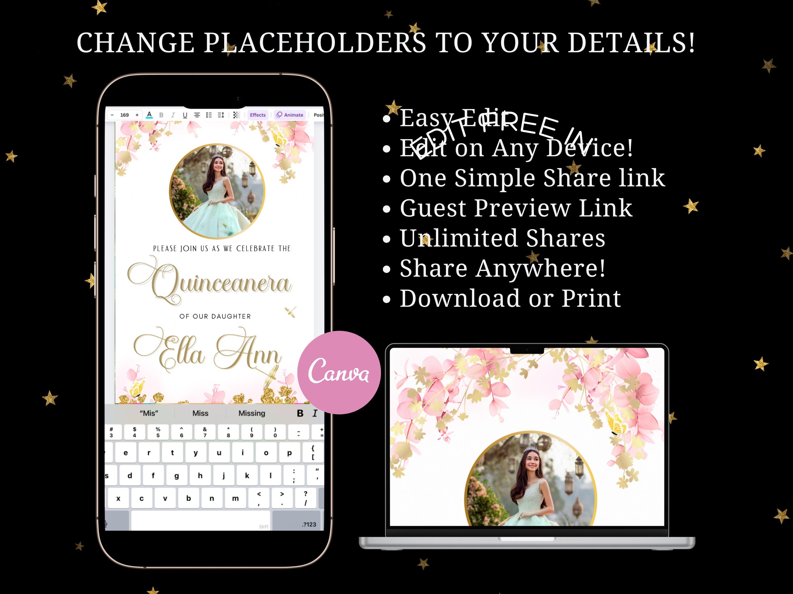 Pink and Gold Quinceañera Video Invite Editable Sweet 15 Invitation ...