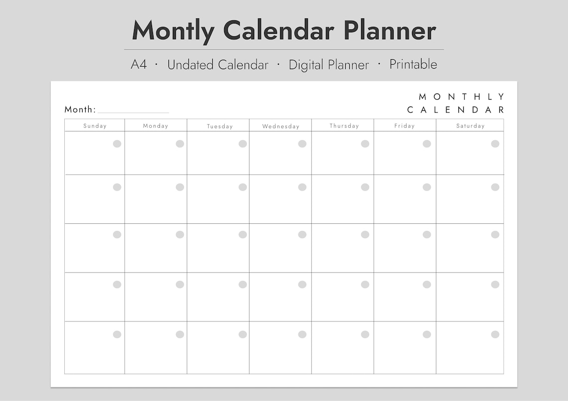 Printable Undated Monthly Calendar Planner Minimalist - Etsy