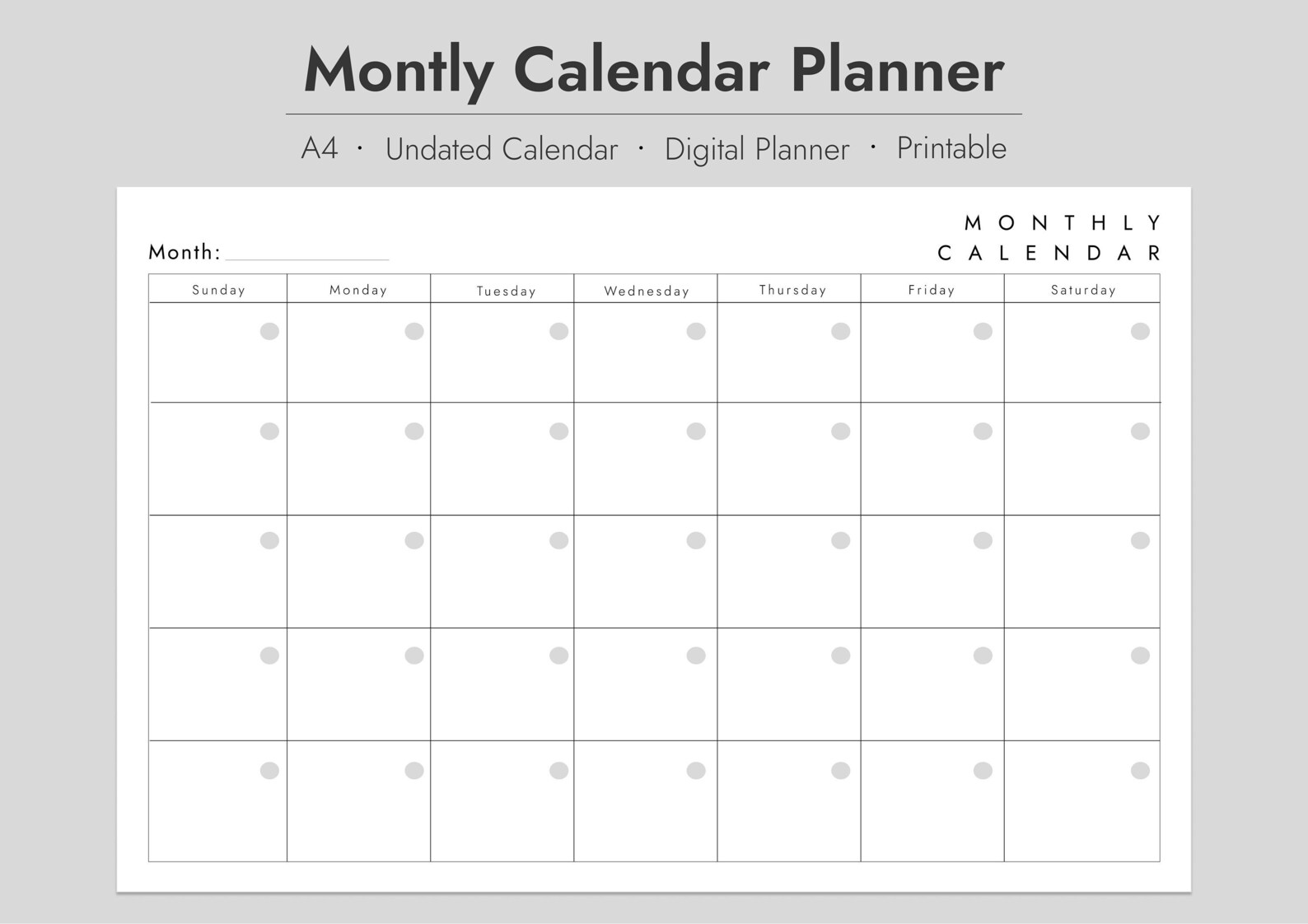 Printable Undated Monthly Calendar Planner Minimalist - Etsy