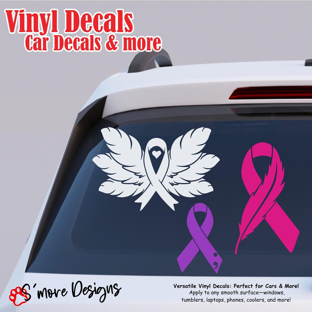 Ribbon Car Decal Feather, Semicolon, Suicide Prevention Vinyl Sticker ...