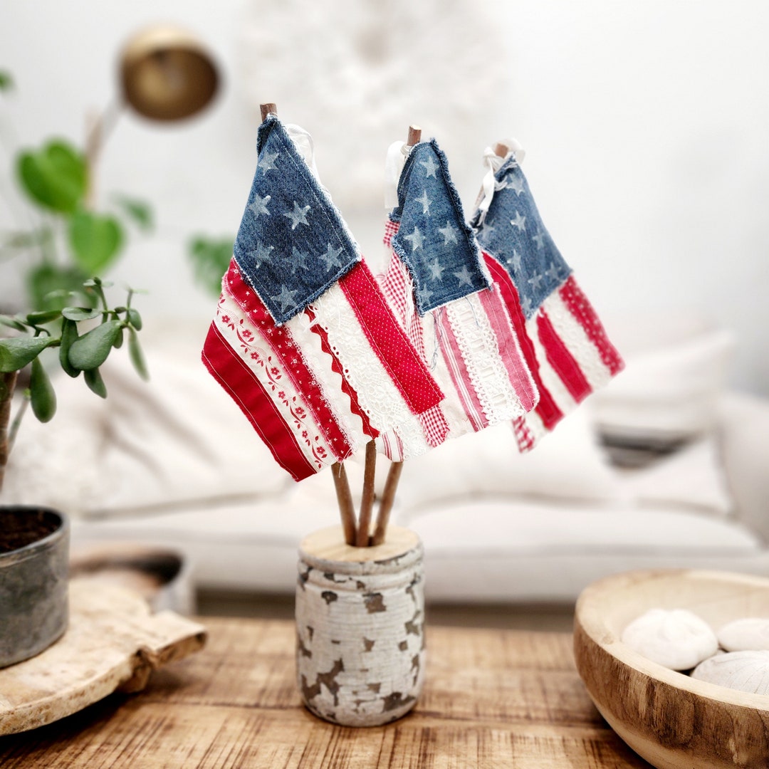 Handmade Fabric Vintage Lace Scrap Rag Flags Patriotic Americana 4th of ...