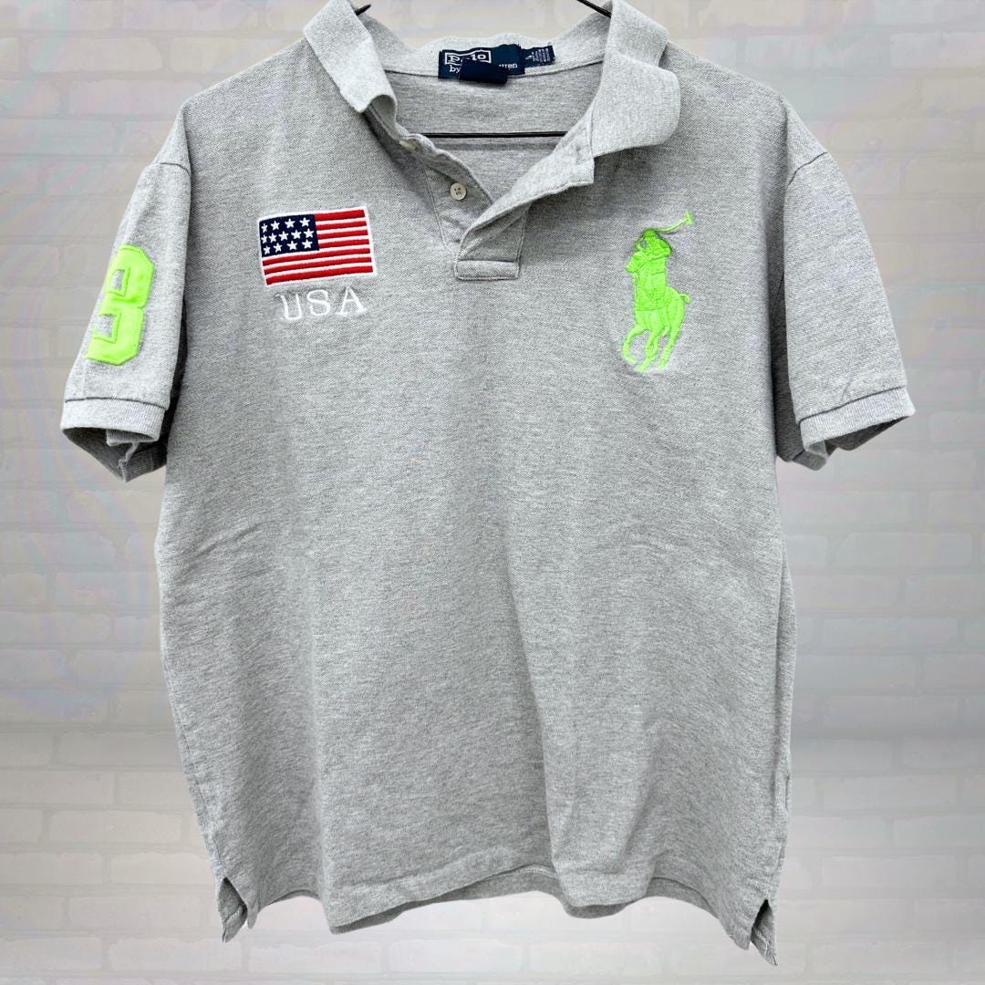 Vintage Polo Ralph Lauren USA Flag Shirt, Neon Green Big Pony Polo ...