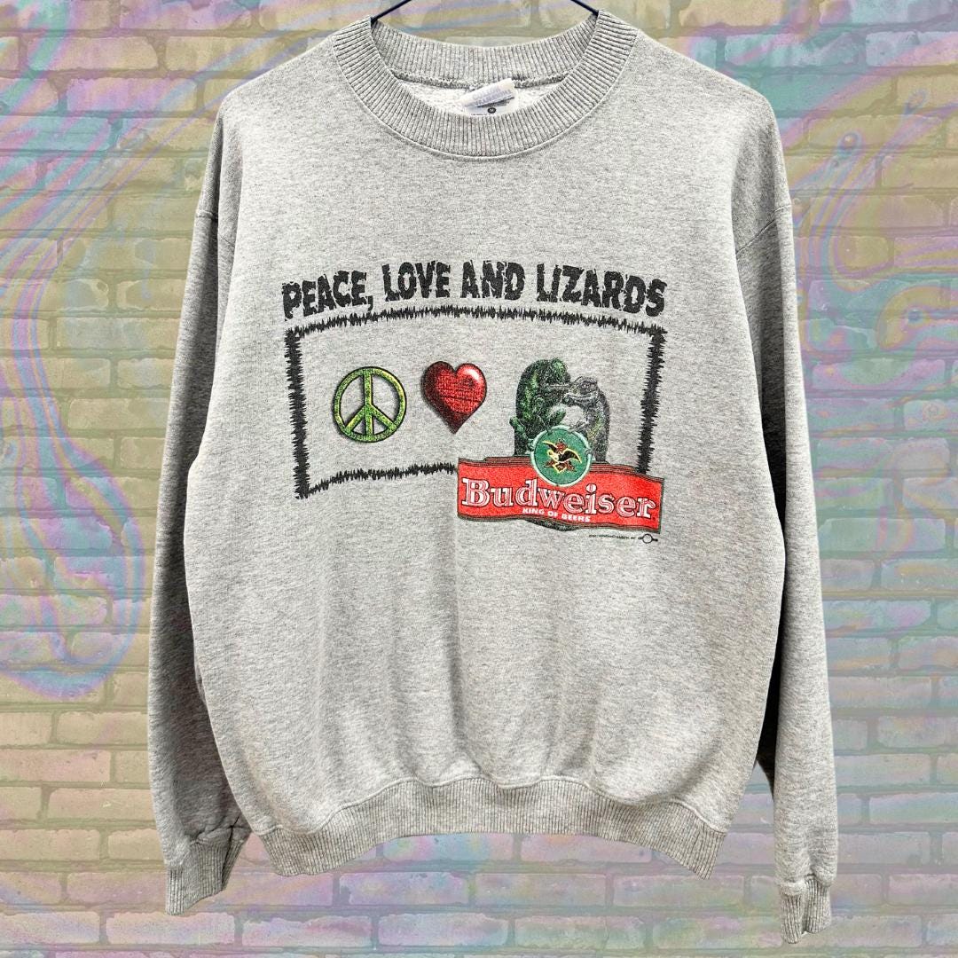 Vintage Budweiser Peace Love and Lizards Distressed Sweatshirt, Retro ...