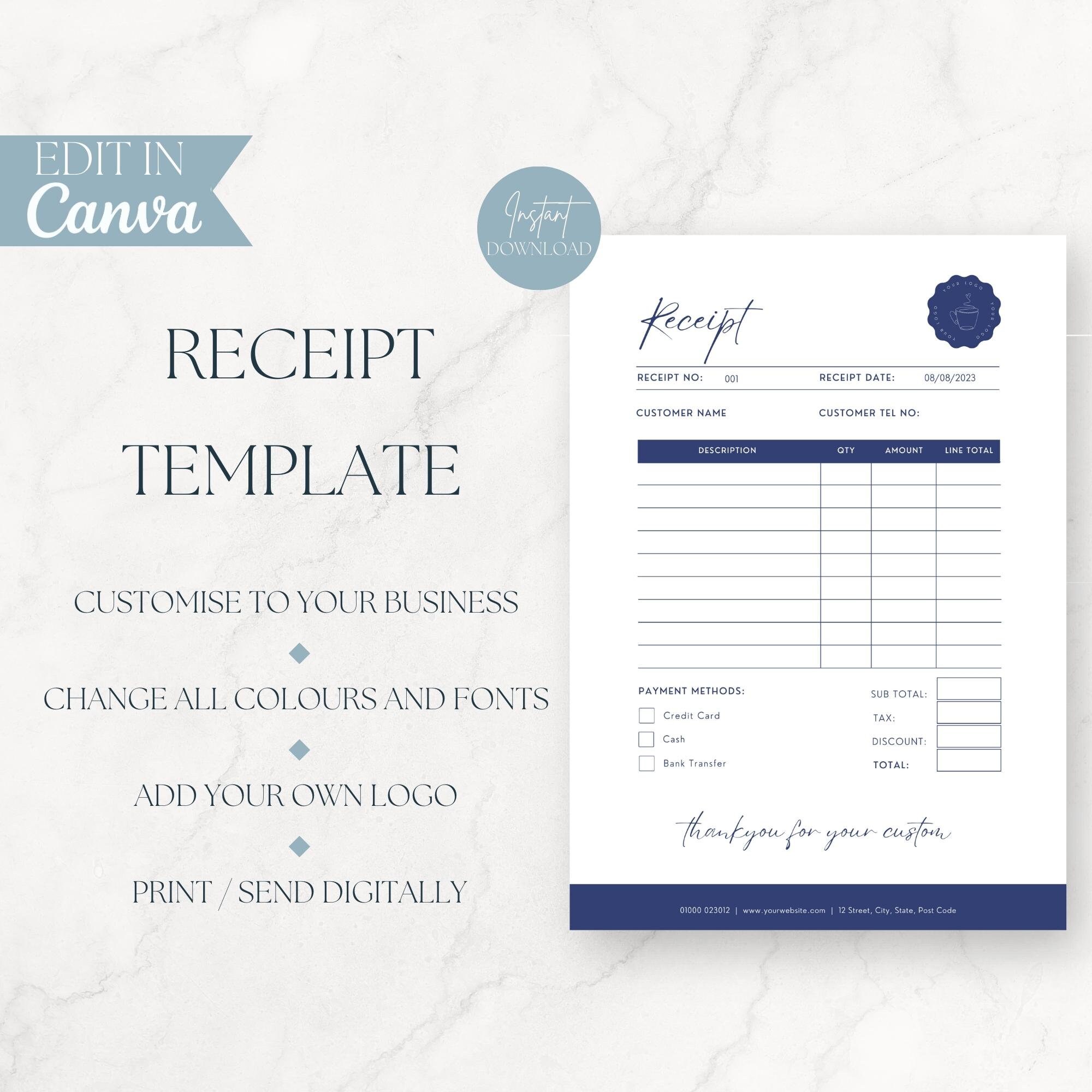 Editable Receipt Template INSTANT DOWNLOAD Printable Billing - Etsy Ireland