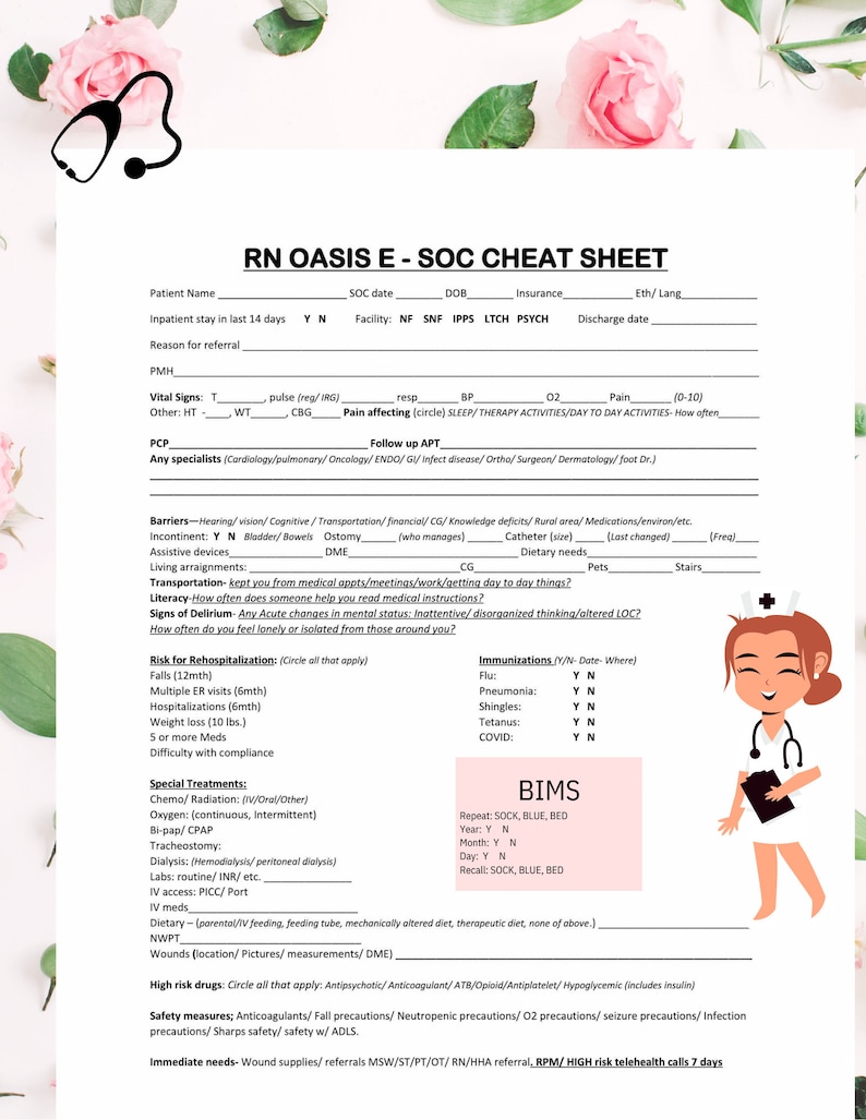 RN Oasis E Start of Care Cheat Sheet GUIDE for Home Health Clinicians ...