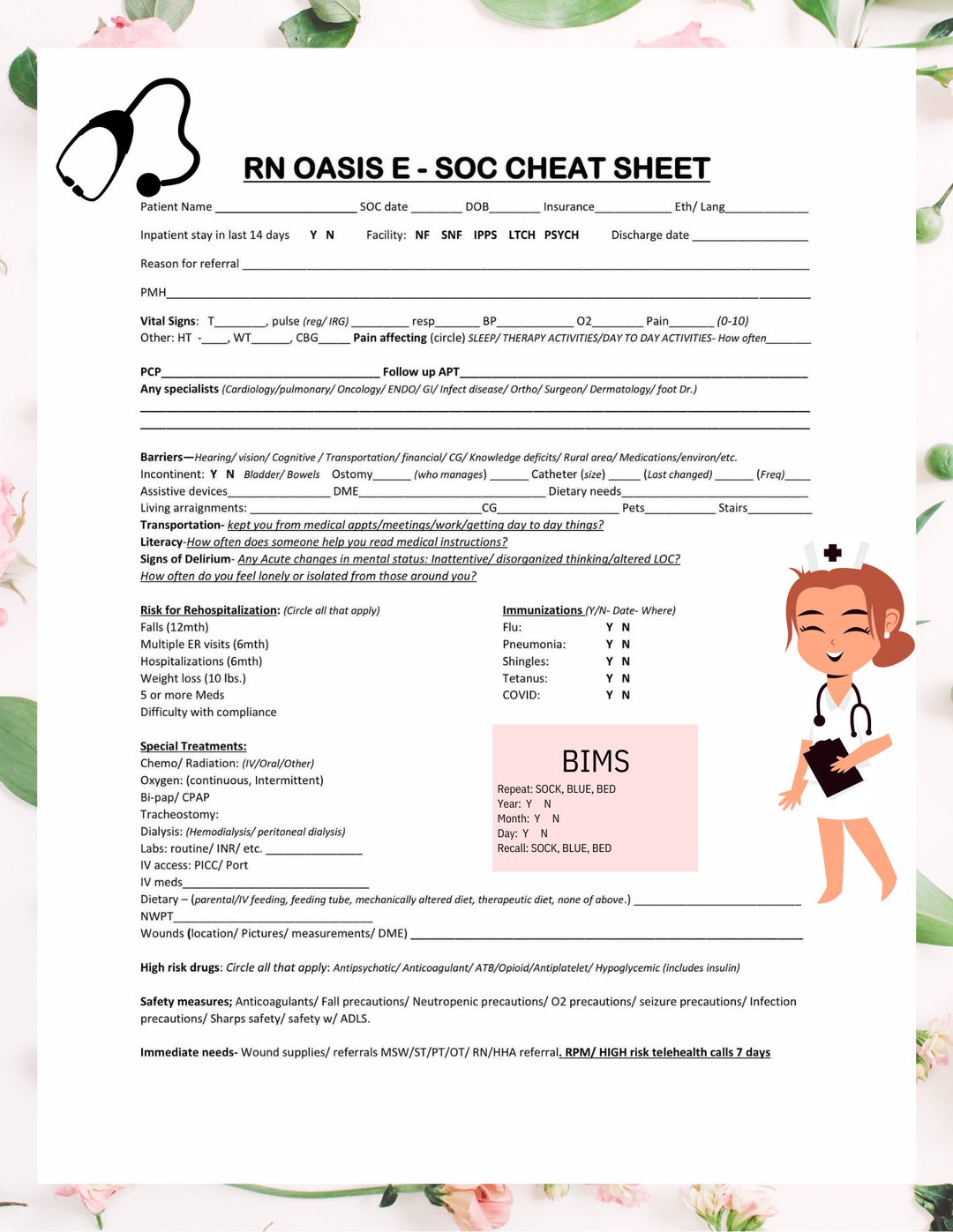 RN Oasis E Start of Care Cheat Sheet GUIDE for Home Health Clinicians ...