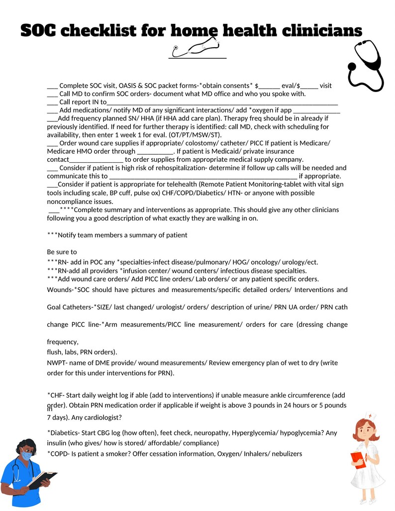 SOC Checklist for Home Health Clinicians Documentation - Etsy