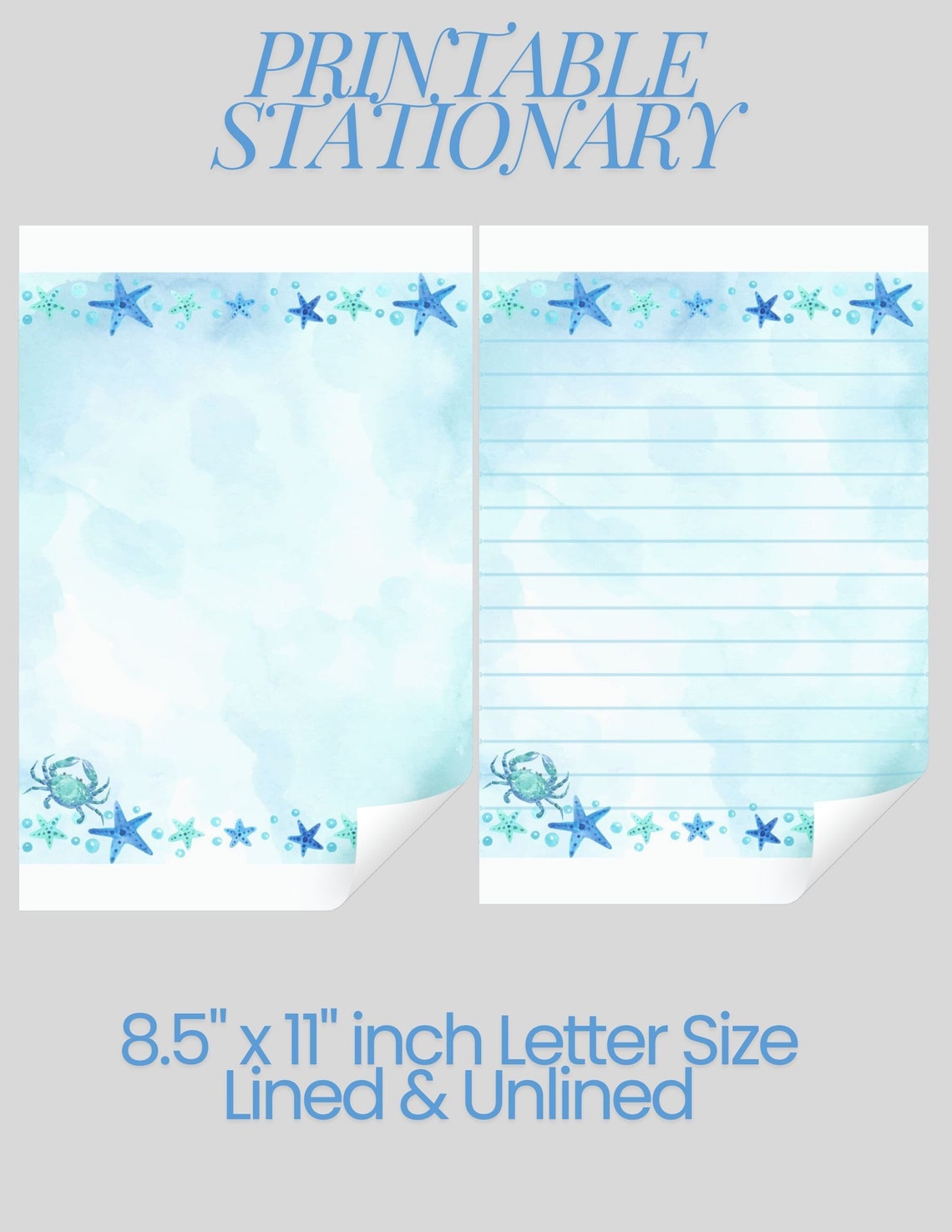 Starfish and Crab Downloadable Stationary Lined and Unlined Letter ...