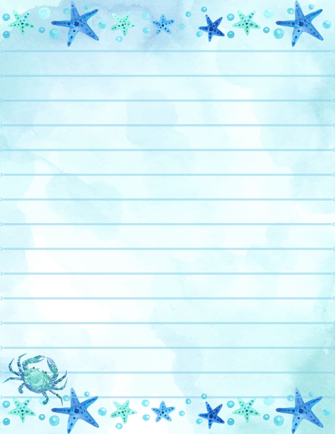 Starfish and Crab Downloadable Stationary Lined and Unlined Letter ...