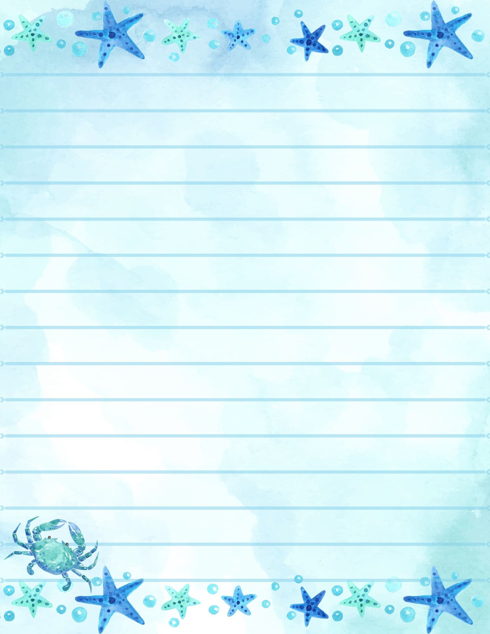 Starfish and Crab Downloadable Stationary Lined and Unlined Letter ...