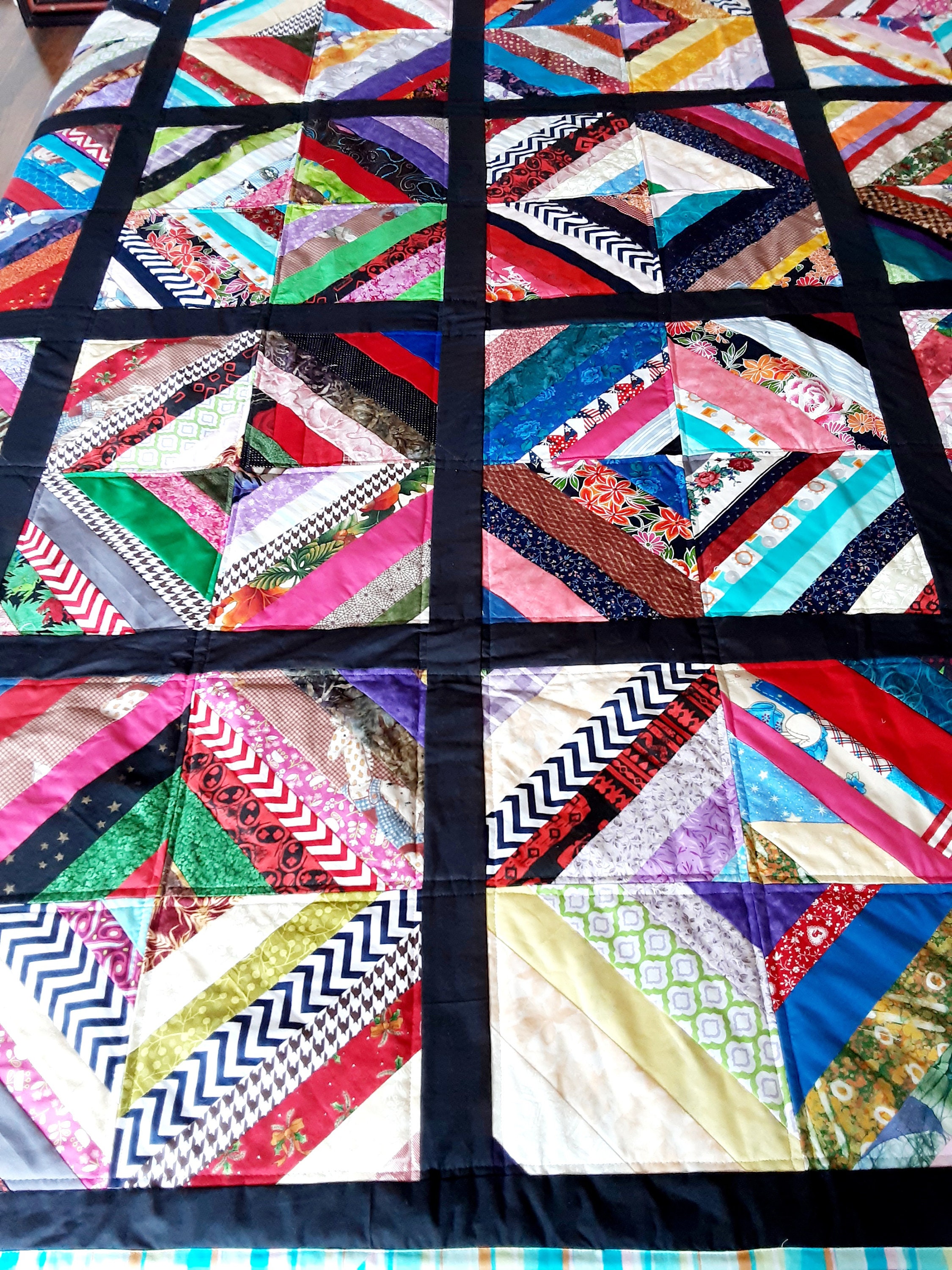 Handmade Multi Colored Scrappy Quilt With Black Sashing and Measures ...