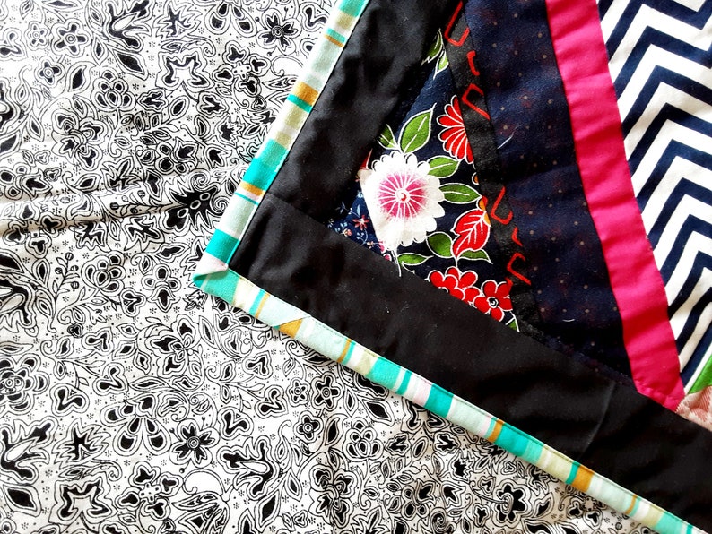Handmade Multi Colored Scrappy Quilt With Black Sashing and Measures ...