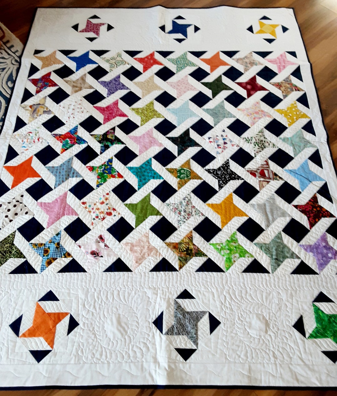 Handmade 4 Point Multi Colored Quilt Which Measures Approximately 83 by ...