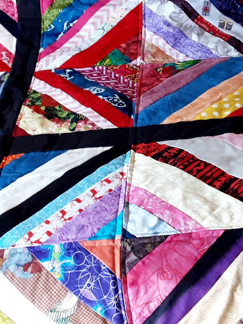 Handmade Multi Colored Scrappy Quilt With Black Sashing and Measures ...