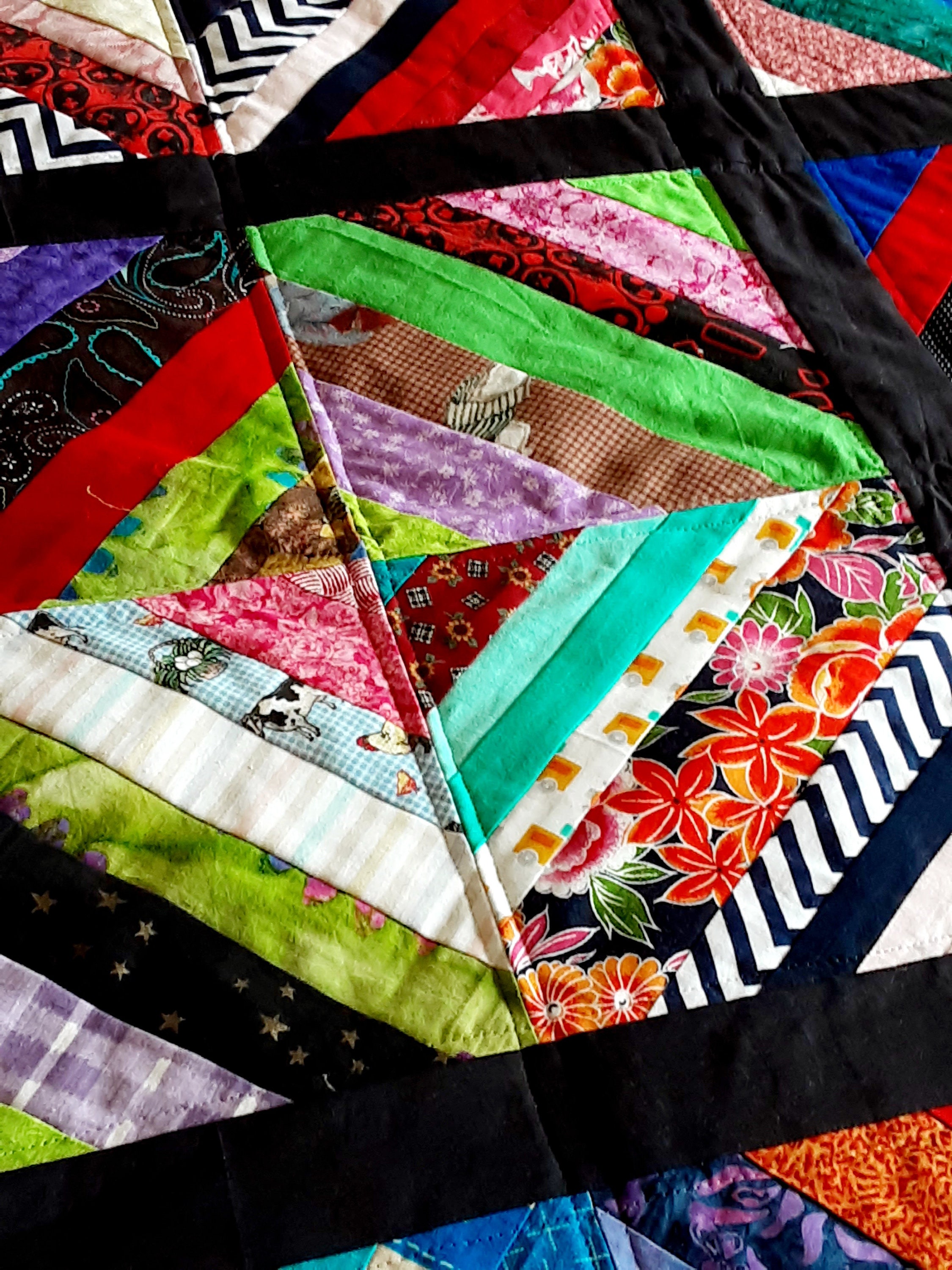 Handmade Multi Colored Scrappy Quilt With Black Sashing and Measures ...