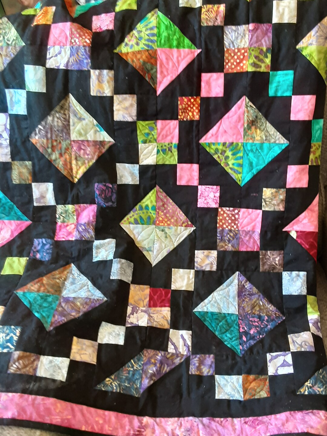 Handmade Colorful Bright Batik Quilt With Diamond Shaped Square and ...