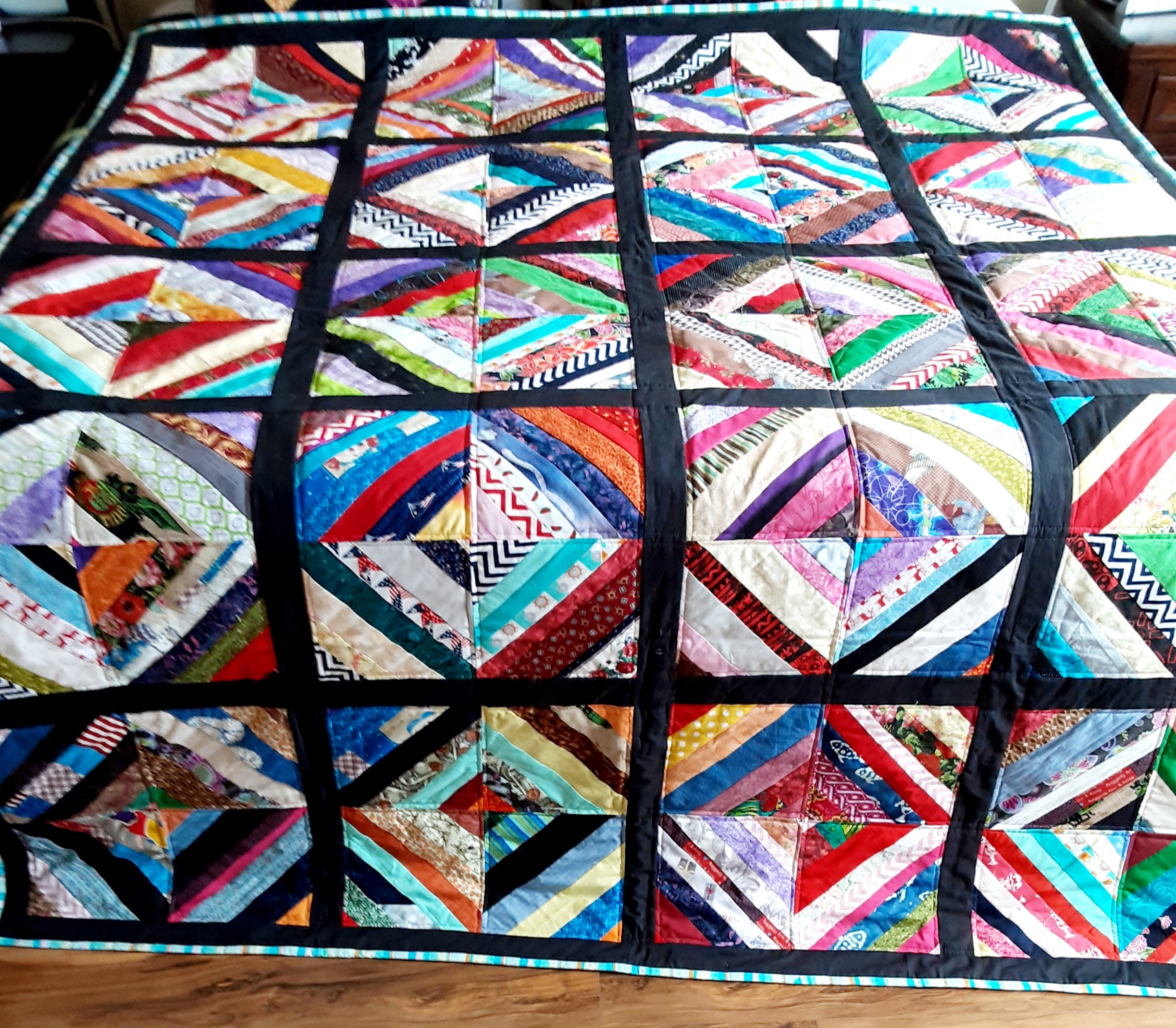 Handmade Multi Colored Scrappy Quilt With Black Sashing and Measures ...