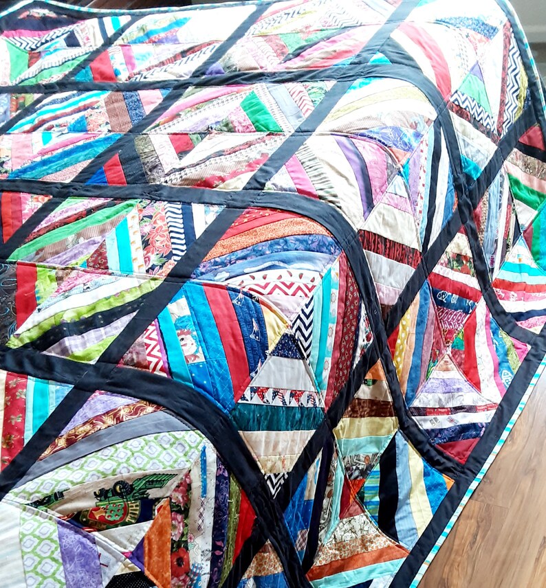 Handmade Multi Colored Scrappy Quilt With Black Sashing and Measures ...