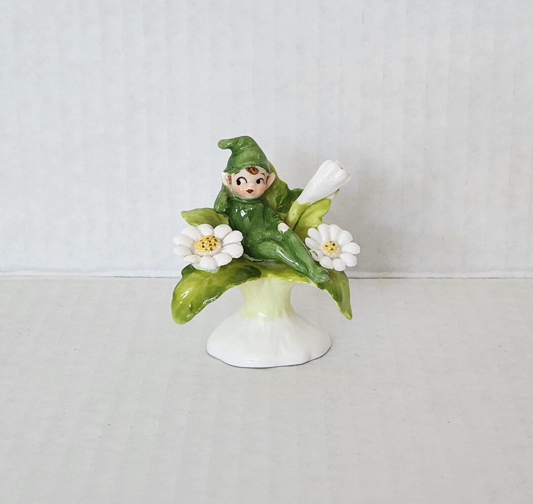 Vintage Kitschy Napcoware Bone Chine Pixie Elf Sitting on White Daisy ...