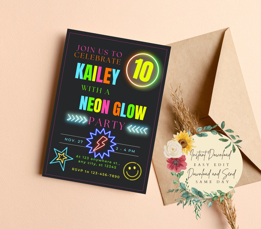 Neon Glow Birthday Party Invitation Instant Digital Download - Etsy