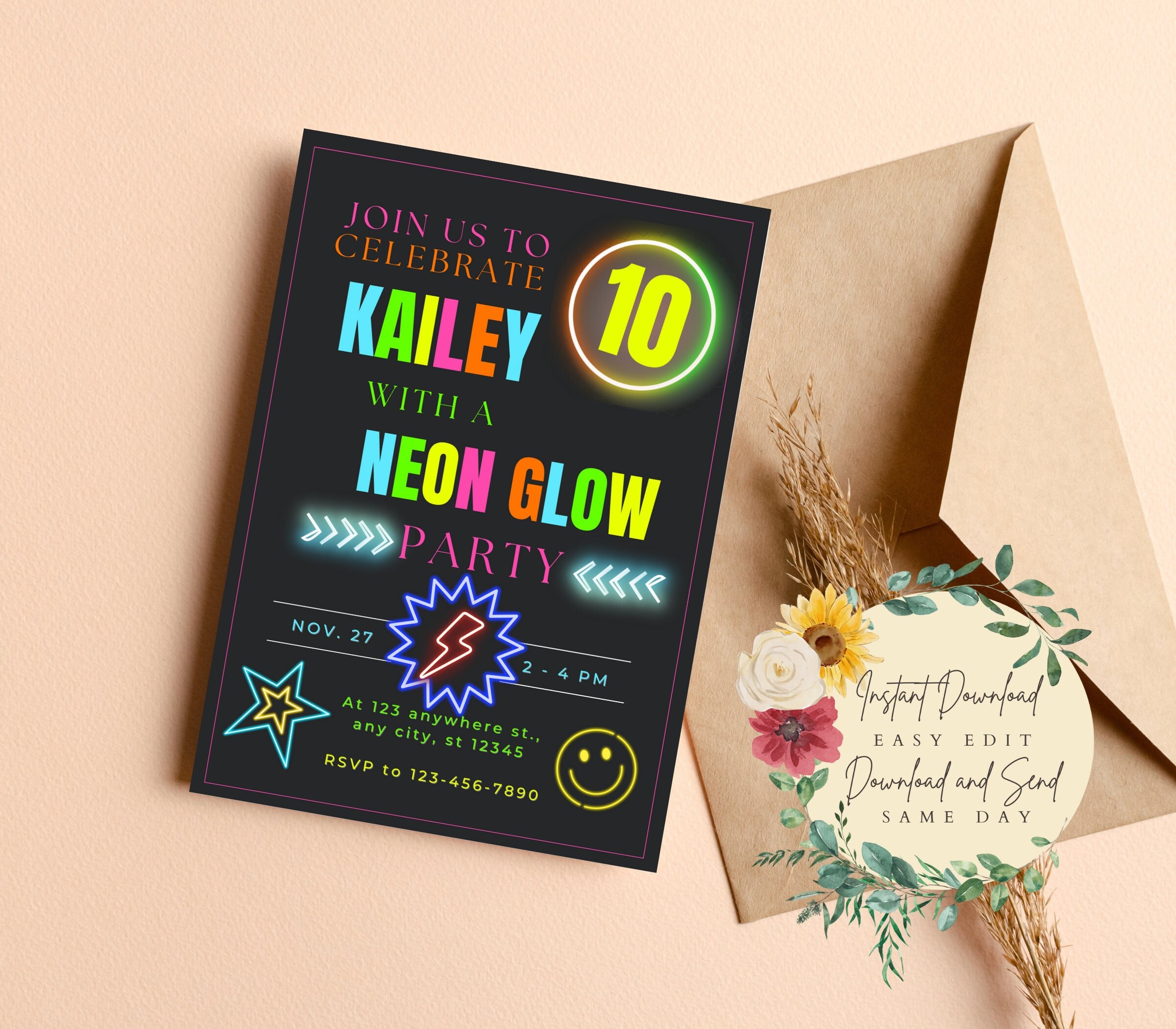 Neon Glow Birthday Party Invitation Instant Digital Download - Etsy