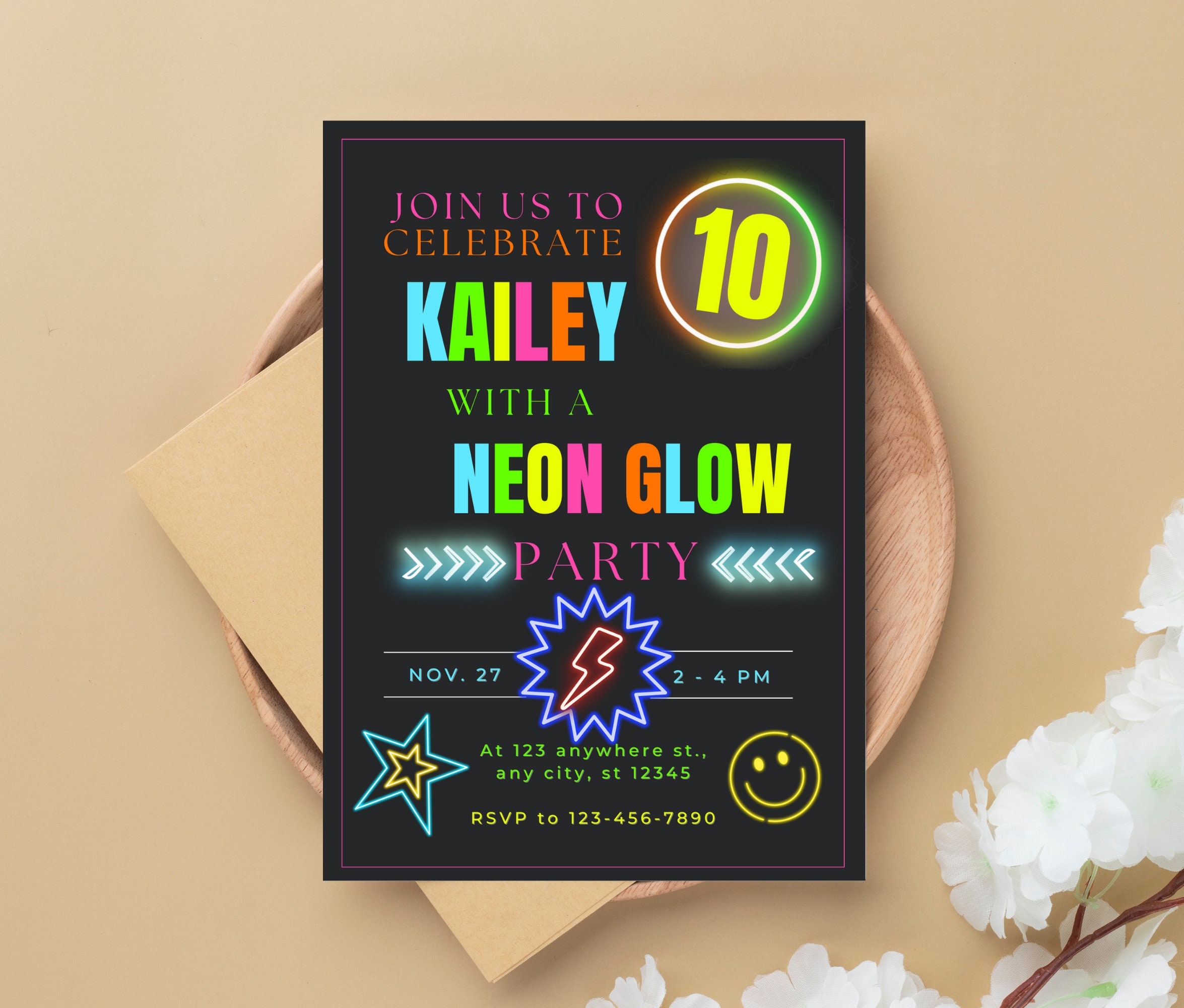 Neon Glow Birthday Party Invitation Instant Digital Download - Etsy