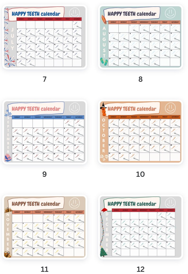 12 Month Printable Calendar Chore Chart Toothbrush Chart - Etsy