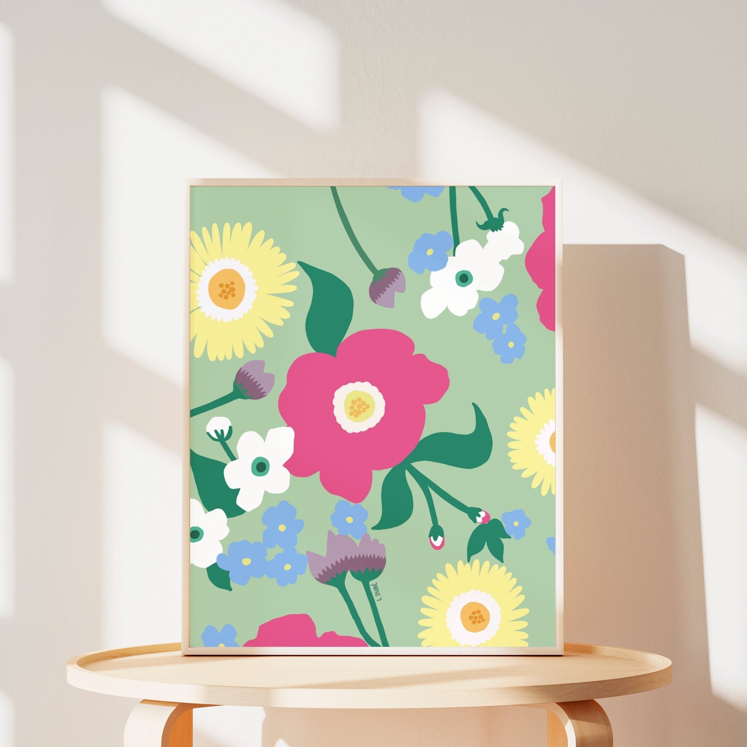 Pink Green Floral Print Hand-drawn Digital Download Colorful Flower ...