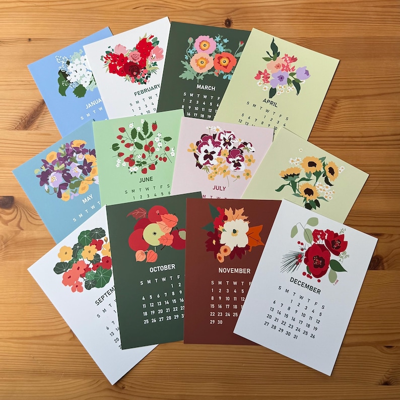 2026 Desk Calendar Floral & Fruit | Hand Drawn Flower 5x7 Monthly Cards ...