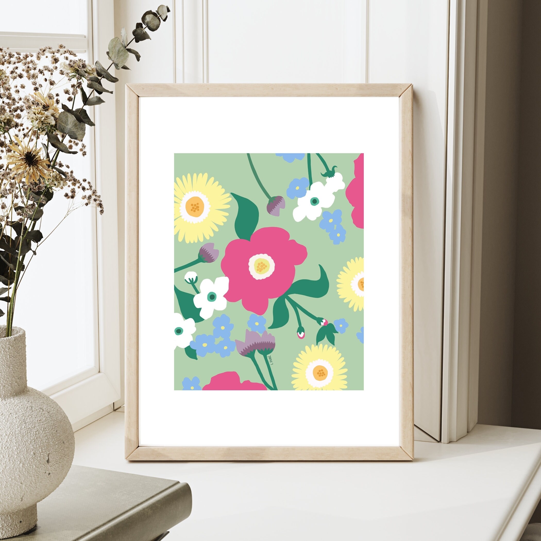 Pink Green Floral Print Hand-drawn Digital Download Colorful Flower ...