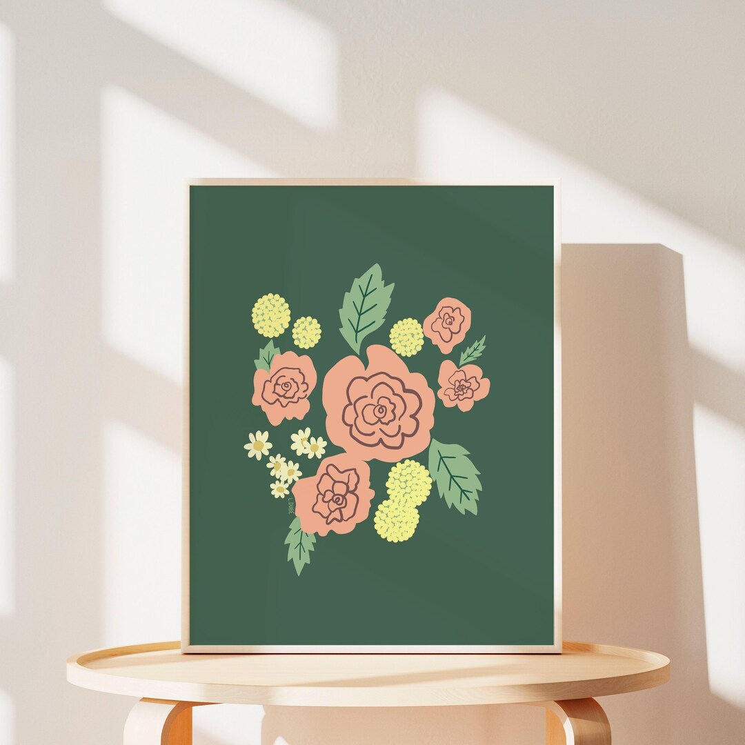 Green Pink Floral Print Hand-drawn Digital Download Pretty Flower Wall ...