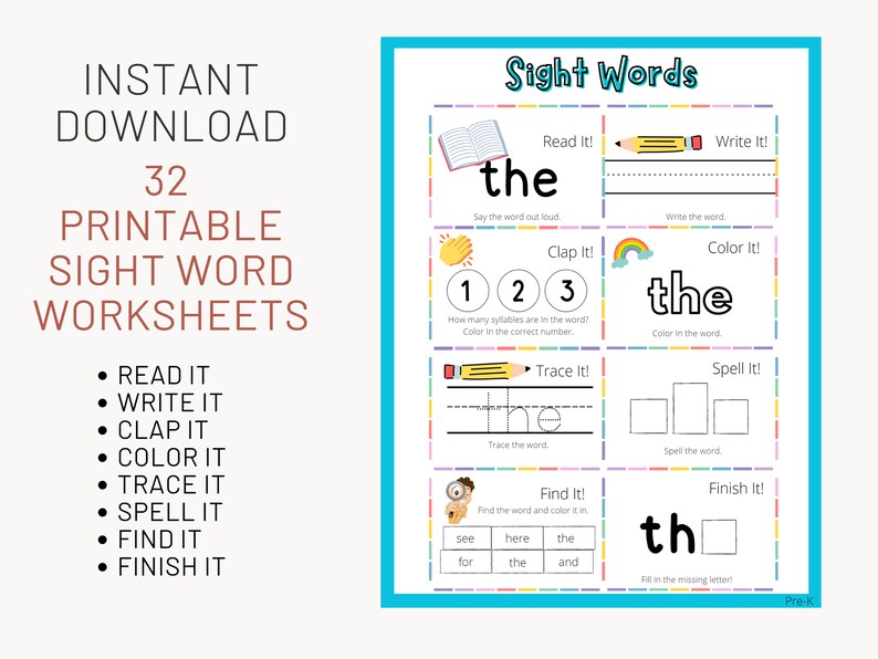 Printable Pre-kindergarten Sight Words Work Sheets Bundle of 32 Sight ...
