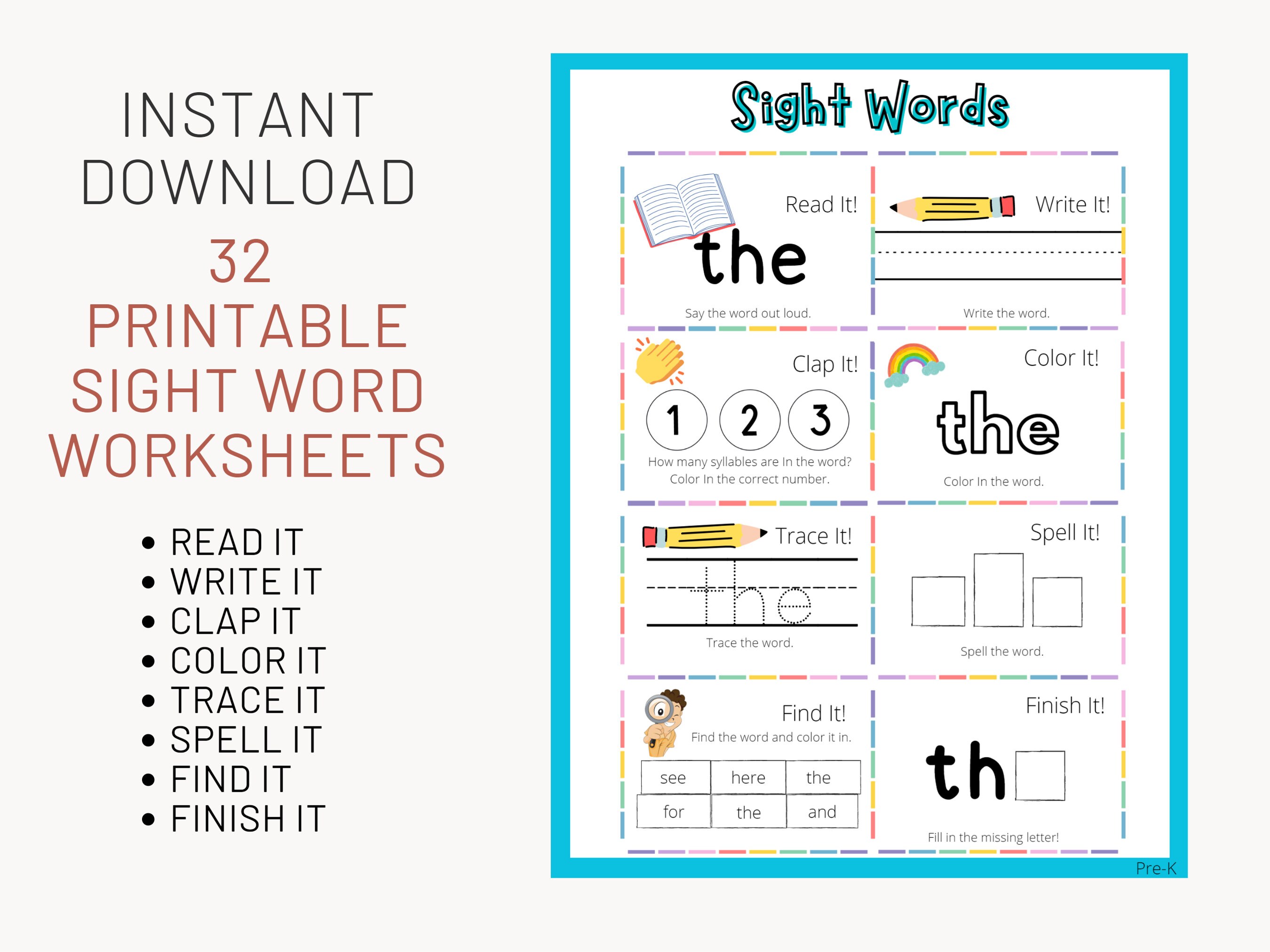 Printable Pre-kindergarten Sight Words Work Sheets Bundle of 32 Sight ...