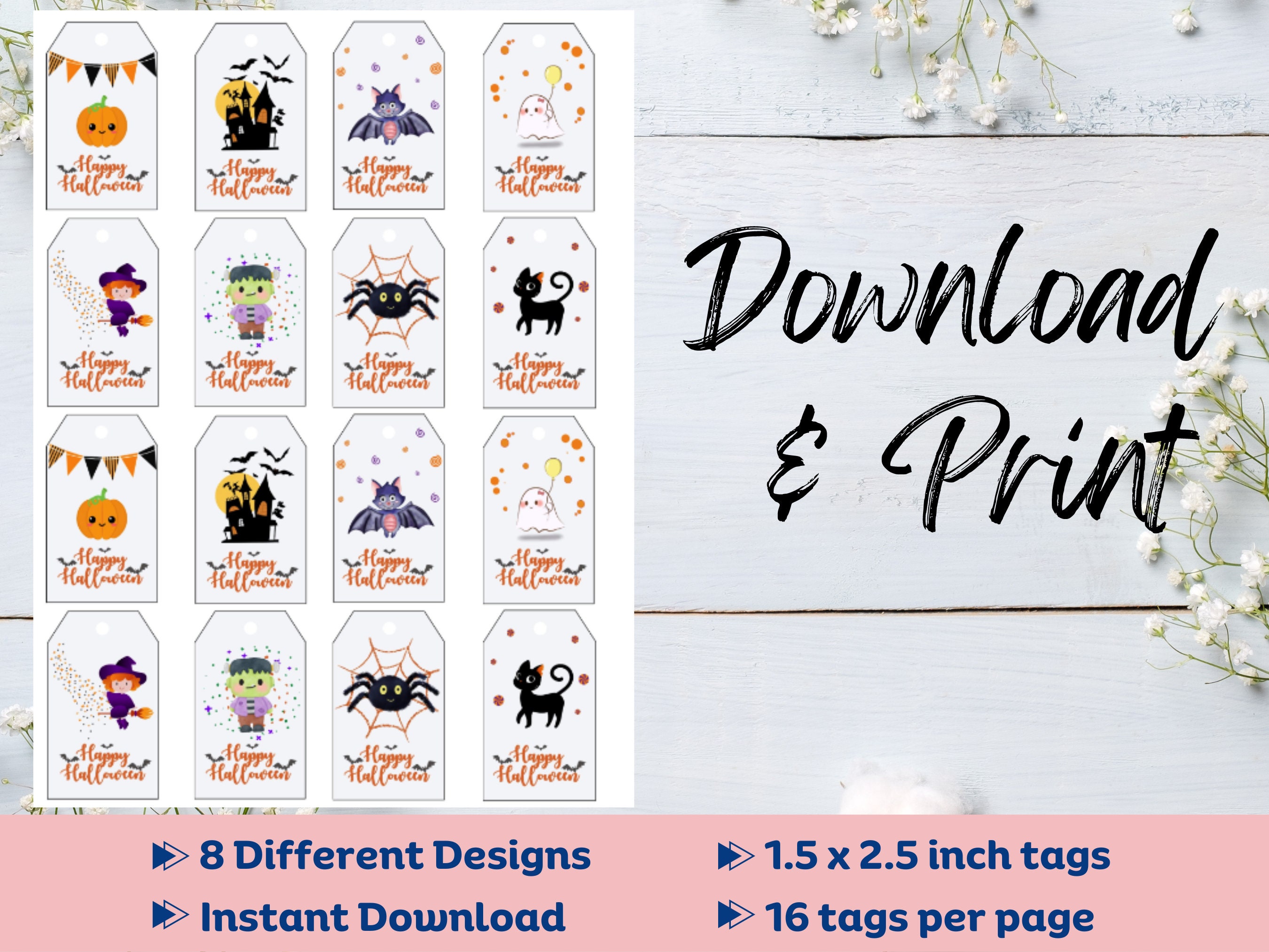 Happy Halloween Treat Bag Tags for Kids 8 Designs Pumpkins, Witches ...