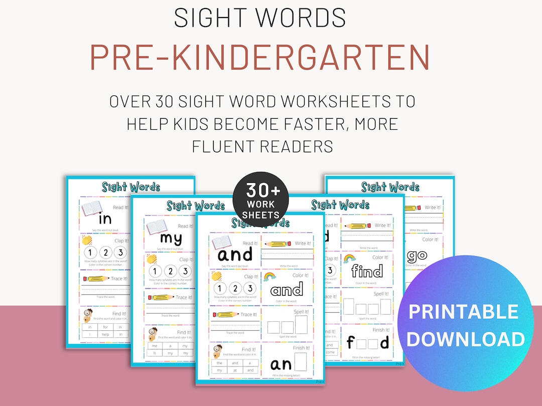 Printable Pre-kindergarten Sight Words Work Sheets Bundle of 32 Sight ...