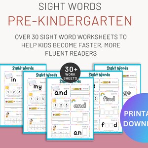 Printable Pre-kindergarten Sight Words Work Sheets Bundle of 32 Sight ...