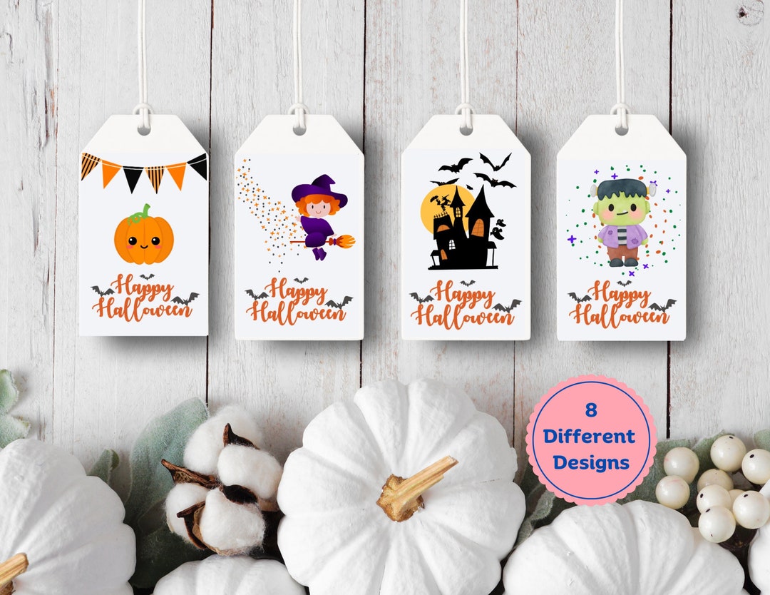 Happy Halloween Treat Bag Tags for Kids 8 Designs Pumpkins, Witches ...
