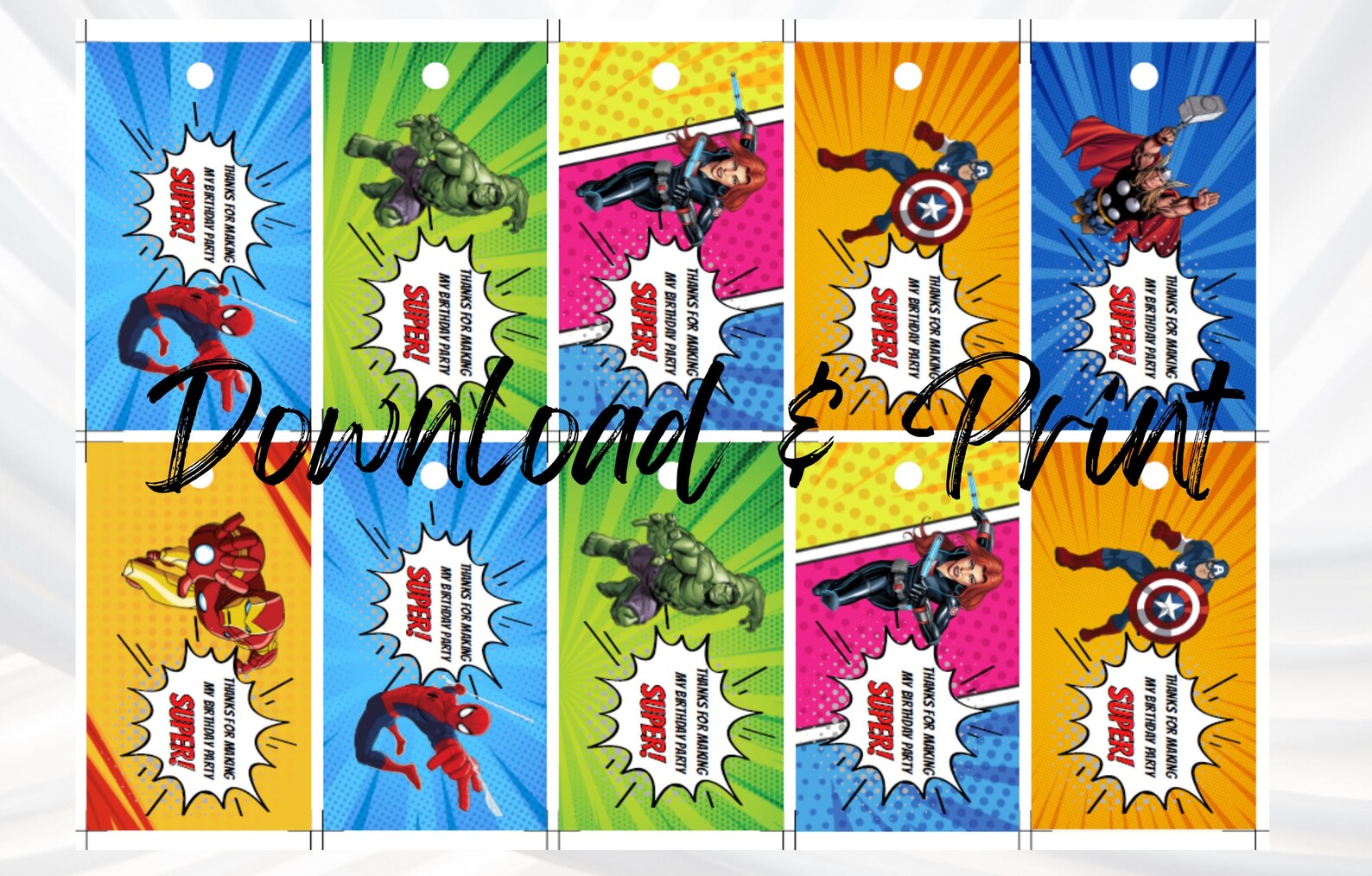 Avengers Superhero Birthday Thank You Favor Tags; Ironman, Hulk, Thor ...