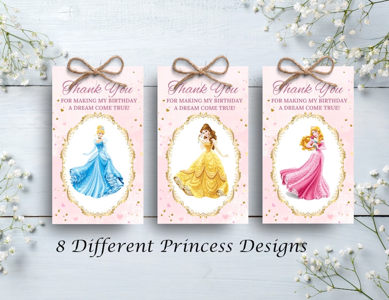 Disney Princess Birthday Party Favor Tags, Pink Gold Thank You Tags ...