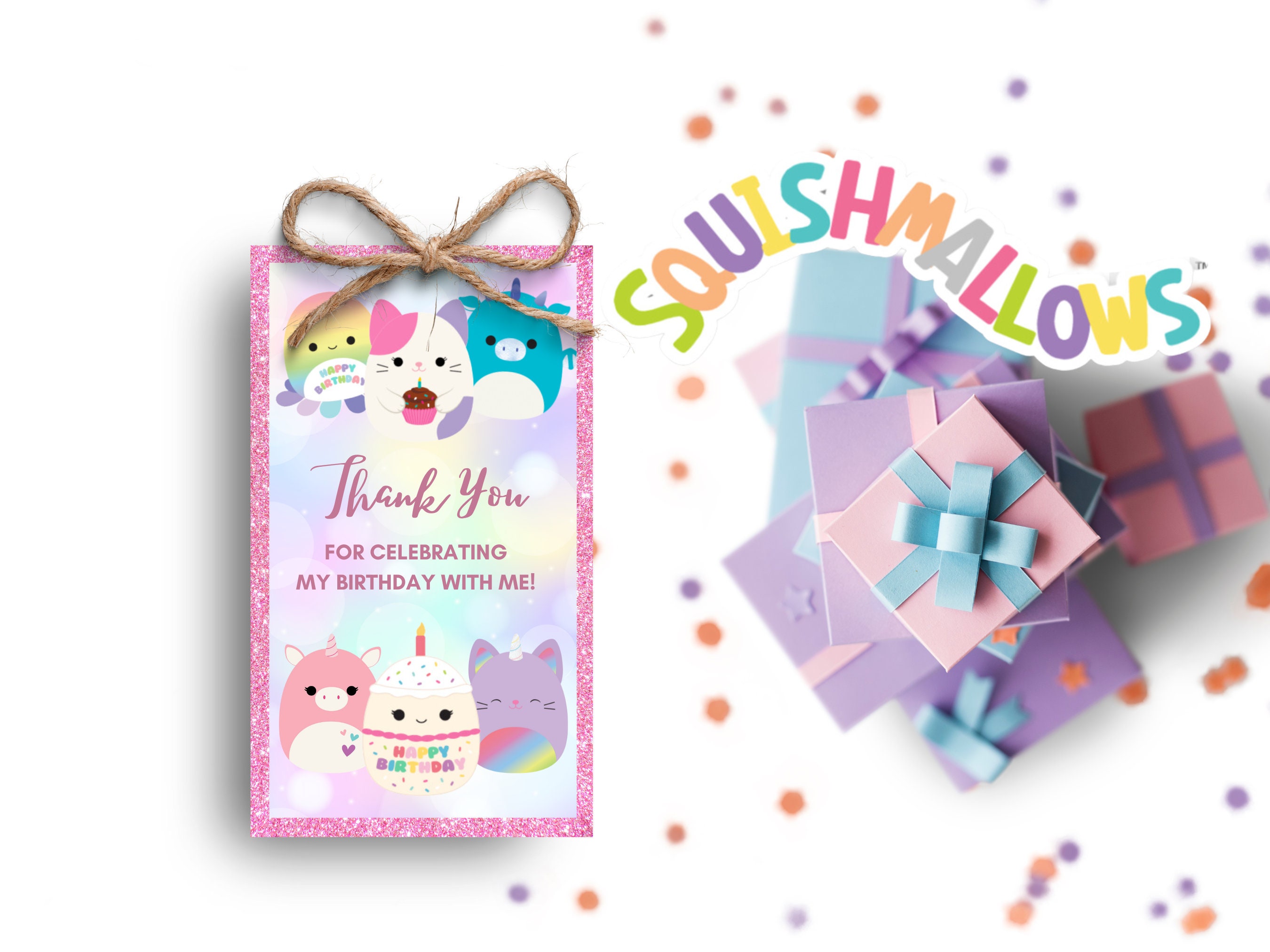 Squishmallow Thank You Tag, Birthday Party Favor Tags, Rainbow ...