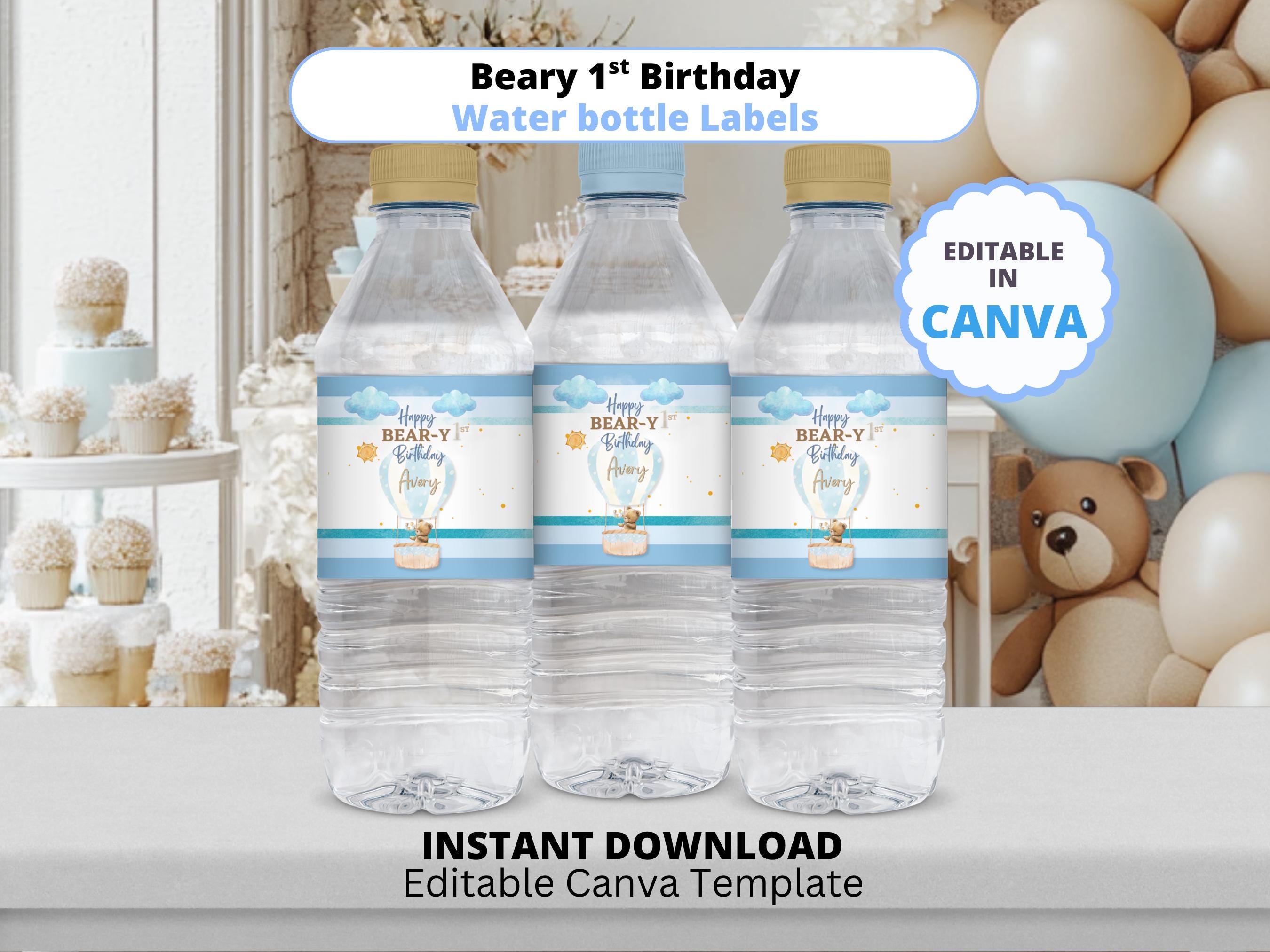 Editable 1st Birthday Water Bottle Labels Canva Template | Teddy Bear ...